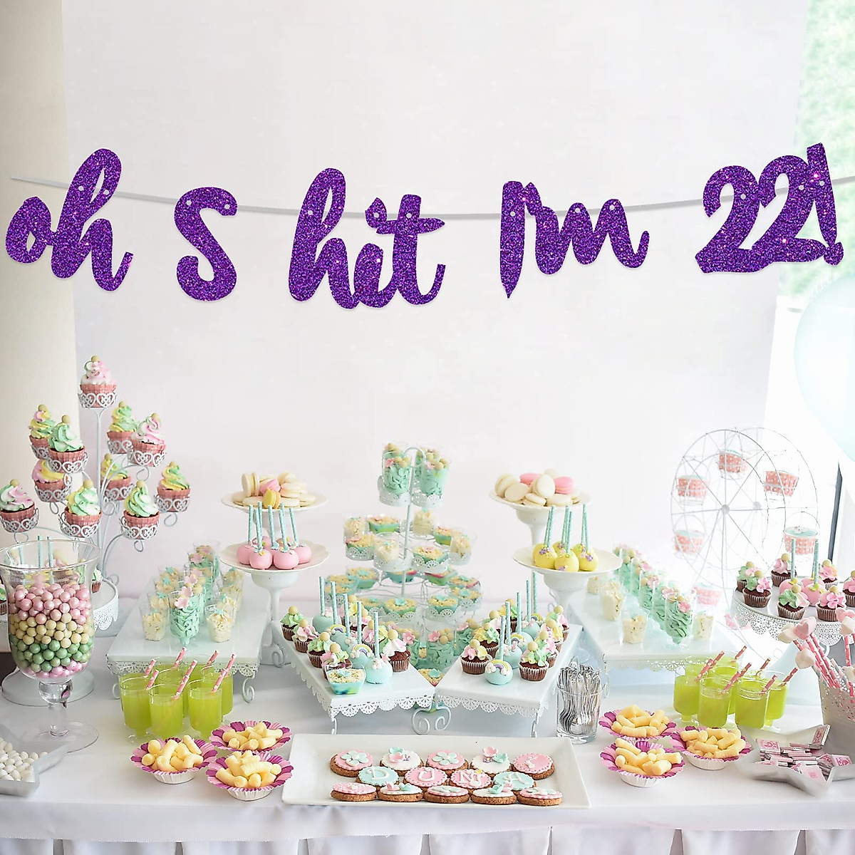 Oh S*it I’m 22! Banner Backdrop Glitter Purple Hello 22 Cheers to 22 Years Old Theme Decorations Decor for Man Woman Happy 22nd Birthday Party Supplies Photo Studio Prop Favors