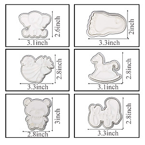 Baby Shower Cookie Cutter 6 Pack 3D Stampers Molds DIY Fondant Decorating for Kids' Birthday Party Kitchen Tools, Making Rocking Horse Baby Face Letter Teddy Bear Elephant Foot