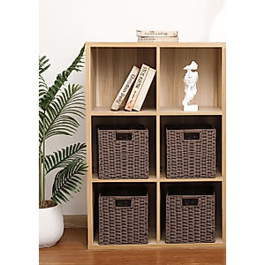 Brown Wicker Storage Basket, 10.5x10.5 Cube Woven Wicker Storage Basket for Shelves, Set of 3 Square Baskets for Shelf, Storage Cube Bins, Wicker Cube Baskets Foldable