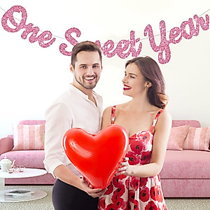 BEISHIDA Pink Glitter Sweet 1 Year Banner(Pre-Strung), First Birthday Anniversary Party Decorations Supplies for Boys Girls, Sweet Bunting Sign,1st Bday Baby Shower Hanging banner