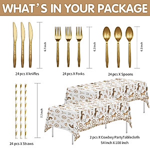 APOWBLS Western Cowboy Birthday Party Decorations Dinnerware - Wild West Party Supplies, Plate, Cup, Napkin, Cutlery, Tablecloth, Western Cowboy Rodeo Birthday Baby Shower Decorations | Serve 24
