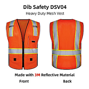 Dib Safety Vest Reflective Orange Mesh, High Visibility Vest with Pockets and Zipper, Heavy Duty Vest Made with 3M Reflective Tape S