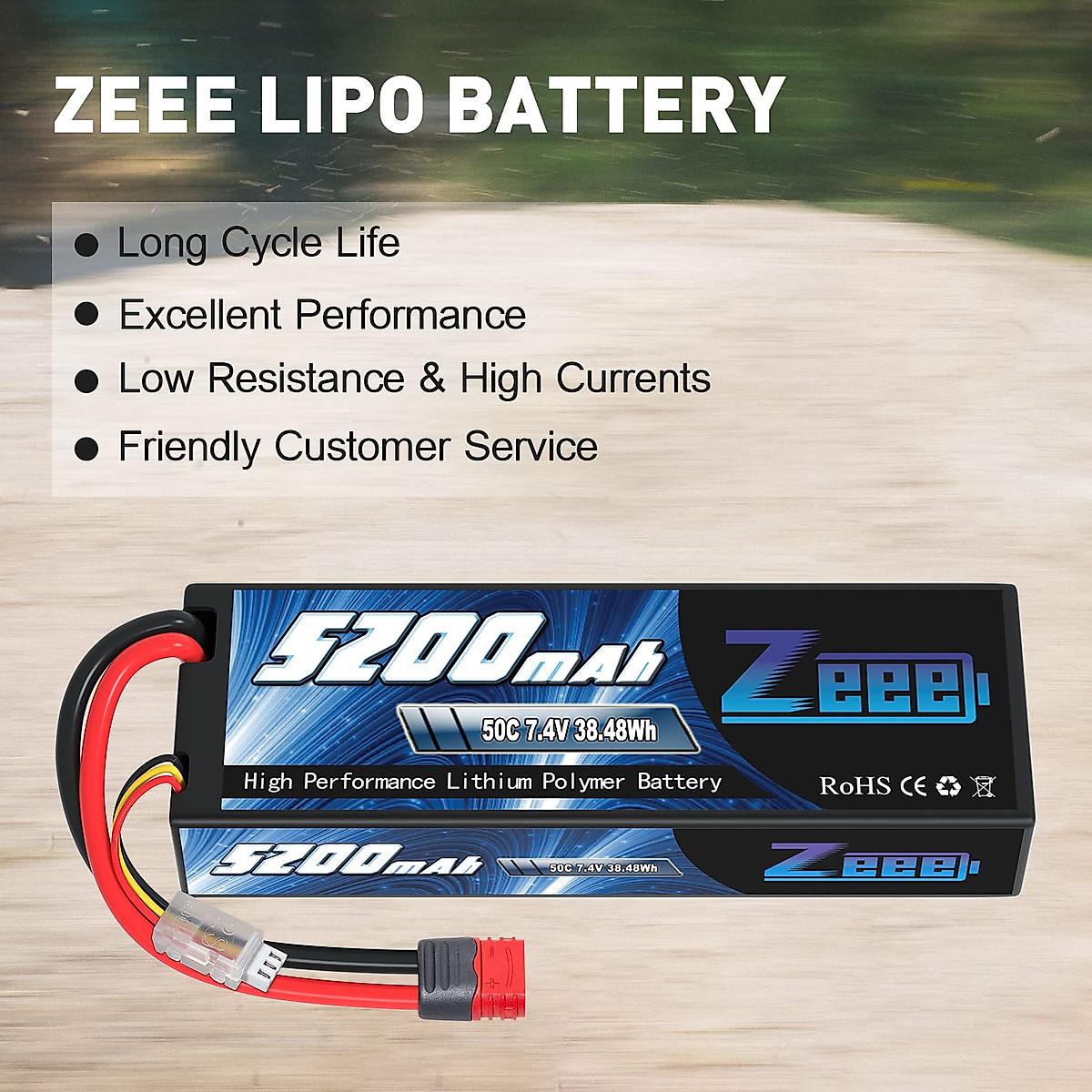 Zeee 2S Lipo Battery 5200mAh 7.4V 50C Deans T Plug with Housing Hard Case Battery for 1/8 1/10 RC Vehicles Car Slash RC Buggy Truggy RC Truck Racing Hobby(2 Pack)
