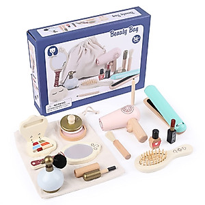 XAOHAO Pretend Play,Wooden Beauty Salon Toys for Girls, Make Up Set Toy Gift,15 Pieces Makeup Play Set with Makeup,Perfume,Lipstick,Mirror, Hair Dryer,Mascara, Cosmetics Case and Storage Bag