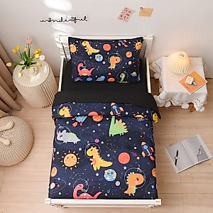 NTBED 4 Pieces Toddler Bedding Set for Baby Girls Boys,Galaxy Space Dinosaur Pattern, Includes Comforter, Flat Sheet, Fitted Sheet and Pillowcase
