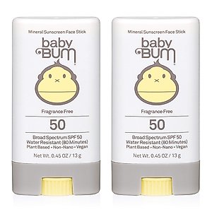 Baby Bum Mineral Sunscreen Face Stick - SPF 50 - UVA,UVB Face and Body Protection - Fragrance Free Safe for Sensitive Skin- Travel Size 0.45 Ounce (Pack of 2)