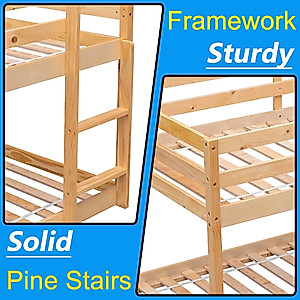 Anwick Twin Over Twin Low Bunk Bed with Stairs and Rails, Wooden Bunk Beds Frame with Safety Guardrail and Slats for Toddlers, Kids, Teens, Boys, Girls, Noise-Free (Natural)
