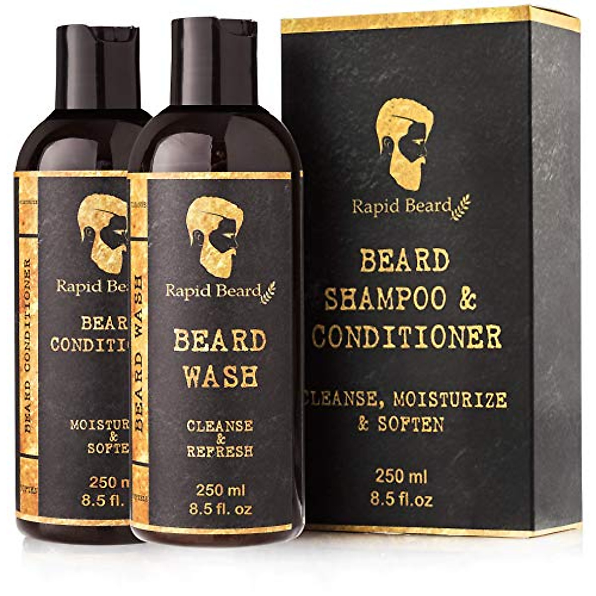 Beard Shampoo and Beard Conditioner Wash & Growth kit for Men Care - Softener & Moisturizer for Hydrating, Cleansing and Refreshing Beard and Mustache Facial Hair Gift Set (250ml / 8.5 fl oz)
