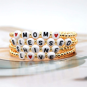 The Woo's Gold Color Ball Beaded Bracelets Brass MAMA Love Letter Wrapped Bracelet Boho Handmade Beads Charm Bracelet Summer Femme Friendship Jewelry for Women Stretch Stackable Bracelet-mama