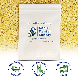 1/4 Inch Orthodontic Elastic Rubber Bands - 100 Pack - Natural Latex, X- Heavy 6.5 Ounce Small Rubberbands, Braces, Dreadlocks Hair Braids, Teeth Gap, Grooming, Crafts - Sonic Dental - Made in USA