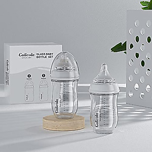 Gulicola Natural Glass Baby Bottle for Breastfed Babies, Medium Flow, Anti-Colic, 3 Months+, 5oz, 2 Count(Grey White)
