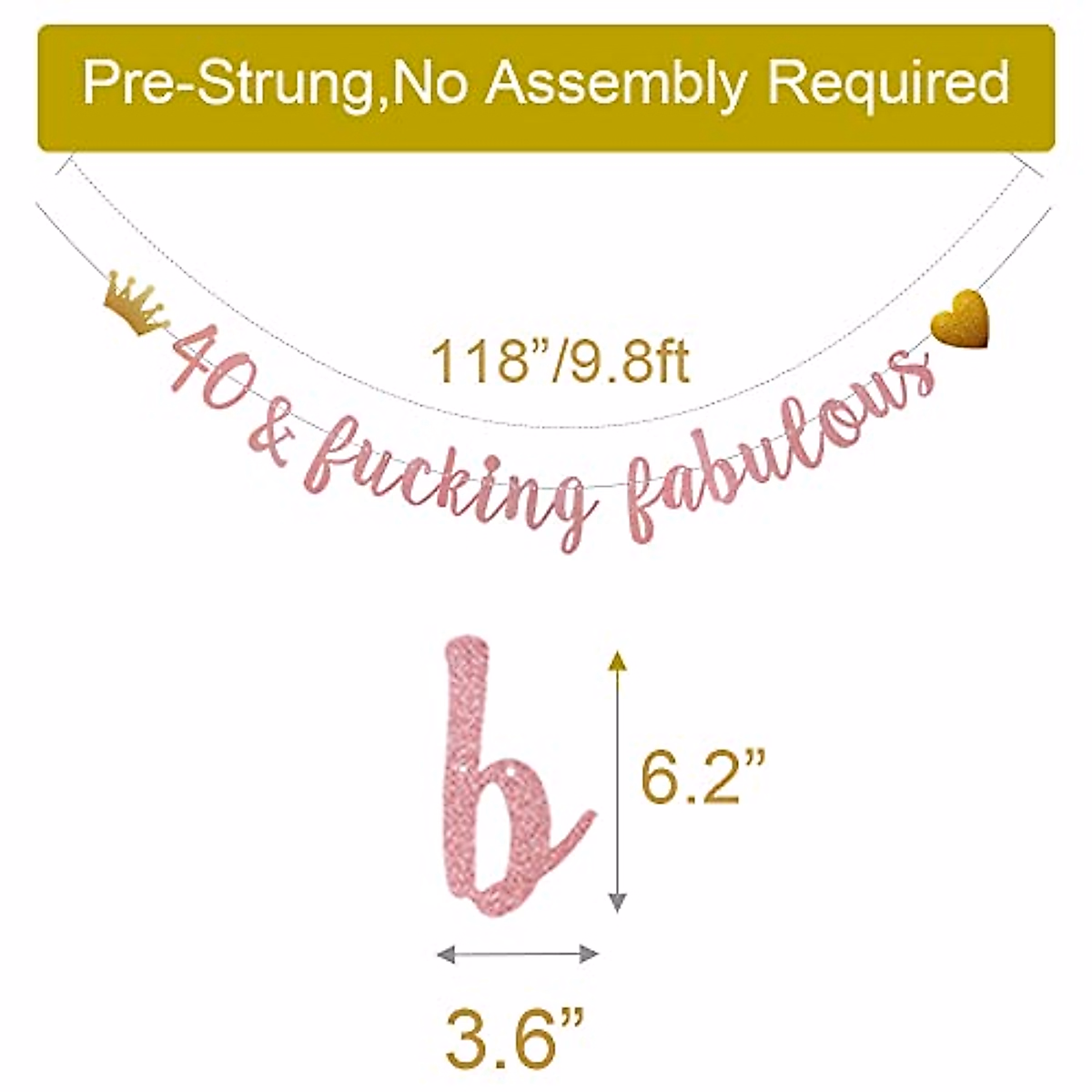 40 & Fucking Fabulous Banner, Pre-Strung, No Assembly Required, Funny Rose Gold Paper Glitter Party Decorations for 40th Birthday Party Supplies, Letters Rose Gold,ABCpartyland