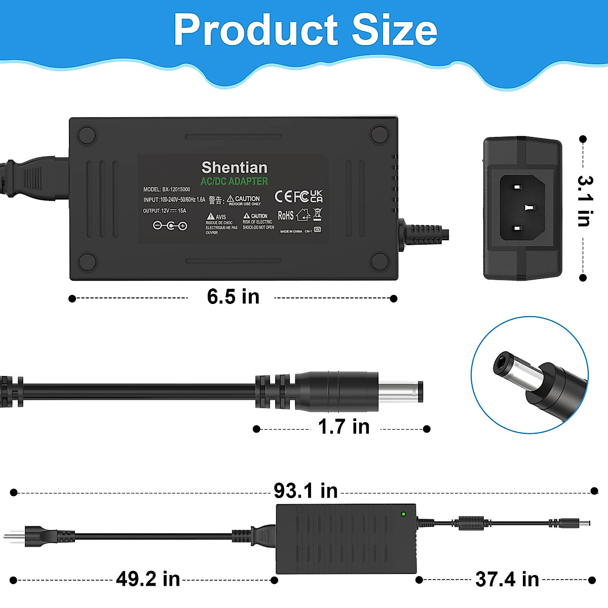 Shentian 100-240V Main to 12V Charger Socket,AC/DC Converter,Power Adapter (12V/15A)