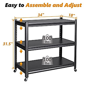 STANI Garage Shelving, Rolling Shelf with Wheels for Storage, 3-Tier Metal Shelving Unit with Wheels for Garage Kitchen Office, Utility Carts with Wheels, Bakers Rack Shelf, Storage Shelves on Wheels