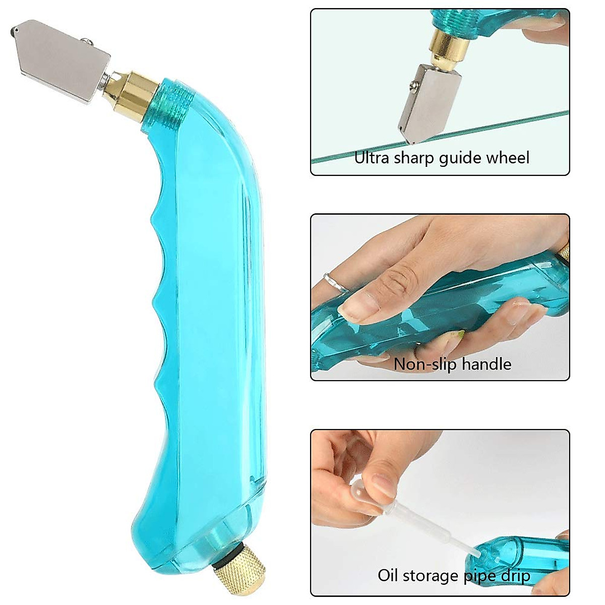 YOTINO Glass Cutting Tool Kit Includes Blue Grip Oil Feed Glass Cutter with 2 pliers, 3 Extra Replacement Head, Tungsten Scribe Engraving Pen, Screwdriver and Oil Dropper