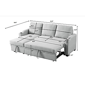 Eafurn Convertible Sectional Sleeper Pull Out Bed, 3-Seater L-Shaped Storage Chaise and 2 Cup Holders, Linen Fabric Upholstered Corner Sofa & Couches for Living Room, Gray 81"