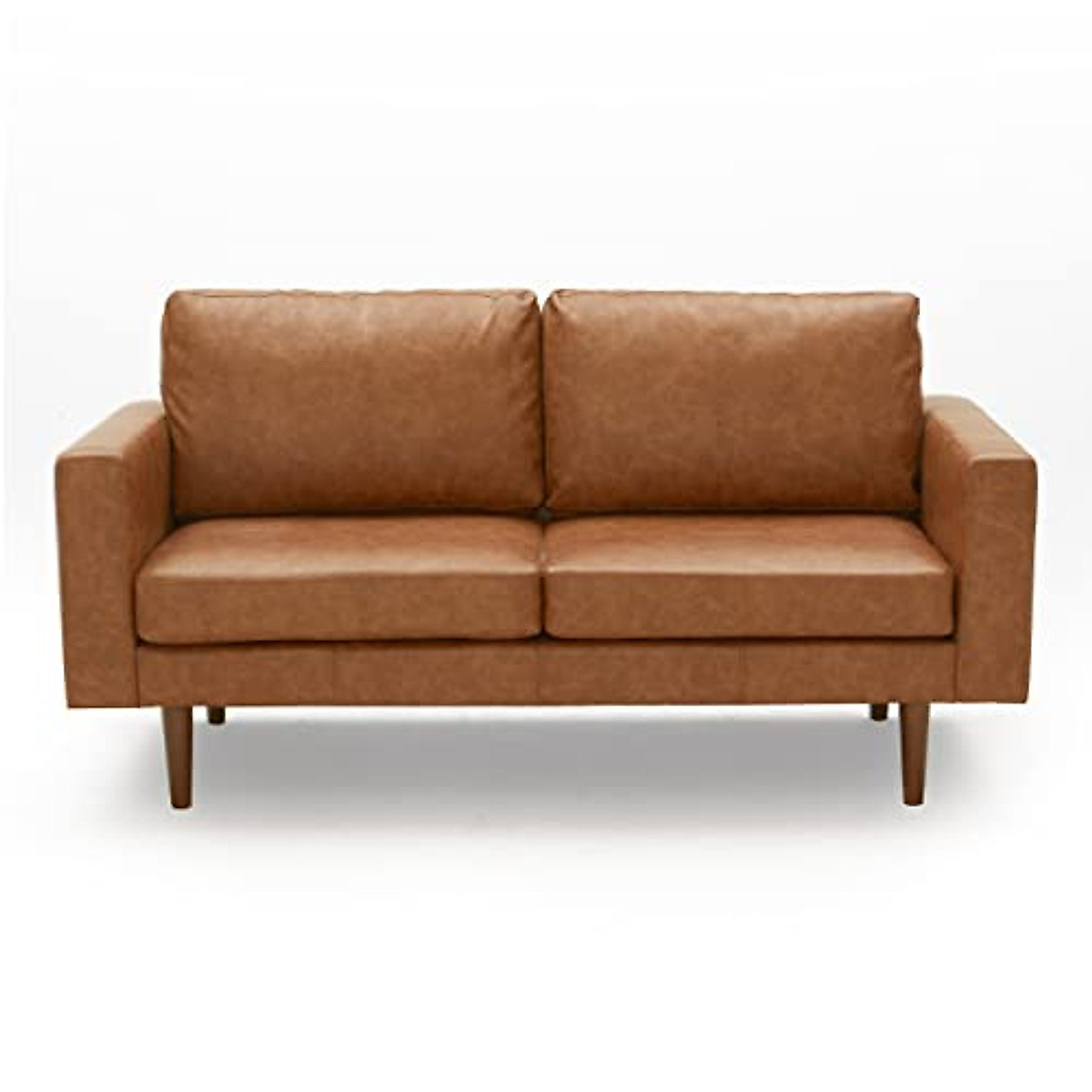 Kingfun 65" W Faux Leather Loveseat Sofa Couch, Love Seat Sofas and Couches for Living Room Bedroom Office and Small Spaces, Mid Century Modern Decor Love Seats Furniture with Solid Wood Leg,Brown