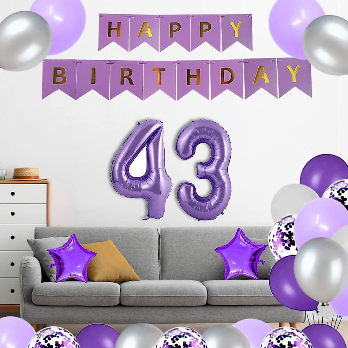 yujiaonly 43rd Birthday Party Decorations Purple Happy Birthday Paper Banner Purple 40inch Number 43 Happy birthday Sash Latex and Confetti Balloons Perfect for 43 Years Old Party