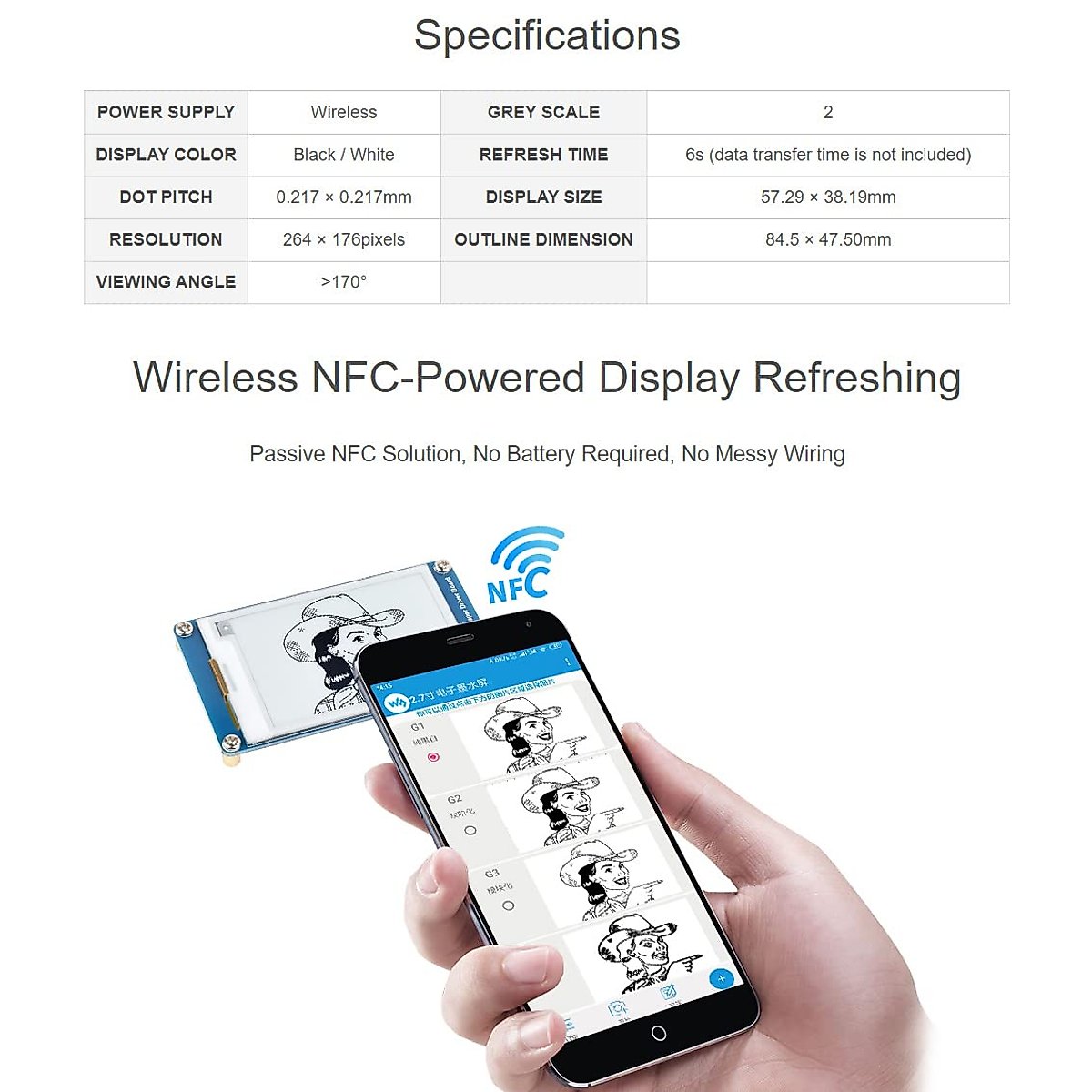 Waveshare 2.7inch Passive NFC-Powered E-Paper Module No Battery Wireless Powering & Data Transfer Provides Android APP Black and White Display