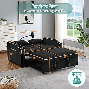 Lakifun Convertible Sleeper Sofa Bed, Modern Velvet Loveseat w/Pull Out Couch, 54.7" Loveseats Sofa w/Adjsutable Backrest, Cup Holders and USB Port, Swivel Phone Stand,Black