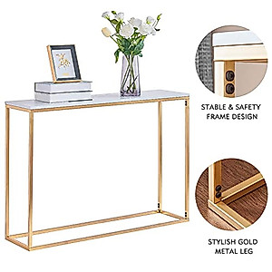 42” Console Tables for Entryway, Faux Marble Sofa Tables, Entryway Table for Living Room, Gold Entrance Table, MDF Entry Table, Foyer Tables w/ Metal Frame, Behind Couch Table for Hallway (Gold Frame)