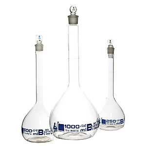EISCO Volumetric Flask Set, 3 Pieces - Class B, ASTM - 250ml, 500ml & 1000ml - Glass Stopper - Blue Graduation