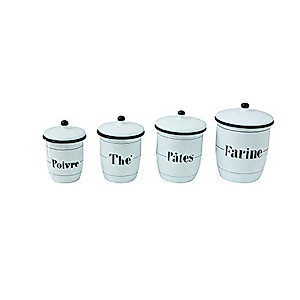 Creative Co-Op Enameled White Canisters with French Writing & Black Rims (Set of 4 Sizes)