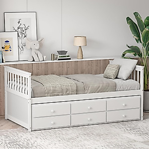 KOMFOTT Wood Twin Trundle Bed with Storage Drawers, Daybed with Trundle, No Box Spring Needed Daybed Frame, Twin Size Captain’s Bed