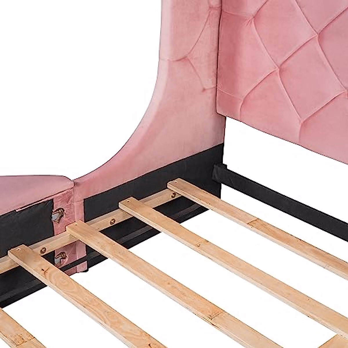 GERDIOEB Queen Upholstered Platform Bed with Wingback Headboard and 1 Large Drawer, Velvet Platform Mattress Foundation, 2 Side Storage Benches Queen Size Bed (Pink)