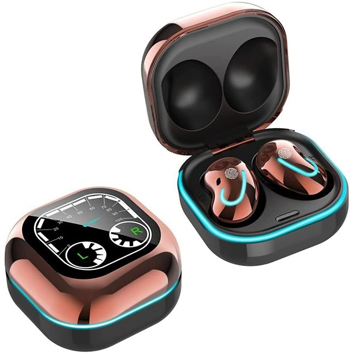 eDealz in-Ear Wireless Bluetooth 5.1 Headphones, Earbuds IPX4 Waterproof with Microphone Rechargeable Micro USB Smart LED RGB Case for Smartphones Android iOS (Rose Gold)