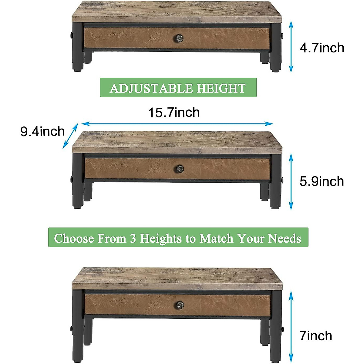 LUMAMU Wood Monitor Stand Riser with Drawer, 15.7x9.4 Inch Computer Monitor Stand for Desk, 3 Height Adjustable Desktop Stand with Storage for Computer Laptop PC iMac Printer