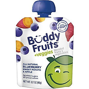 Buddy Fruits & Veggies Snacks To Go Blueberry Sweet Potato Unsweetened Applesauce 3.2oz (18pk) Gluten-Nut-Dairy-Preservative-BPA Free, Non GMO, Kosher