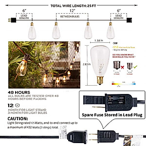 SUNSGNE 25Ft Outdoor String Lights with 27 Edison Bulbs (2 Spare), Waterproof Connectable ST35 String Light for Backyard Porch Balcony Party Decoration, E12 Socket Base, Black Wire