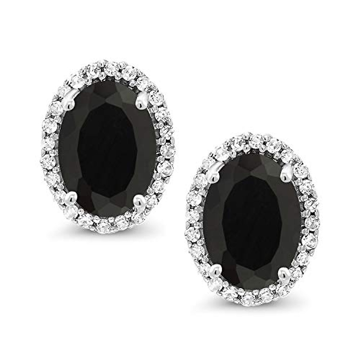 Gem Stone King 10K White Gold 7X5MM Oval Gemstone Birthstone and White Diamond Halo Earrings | White Gold Earrings for Women