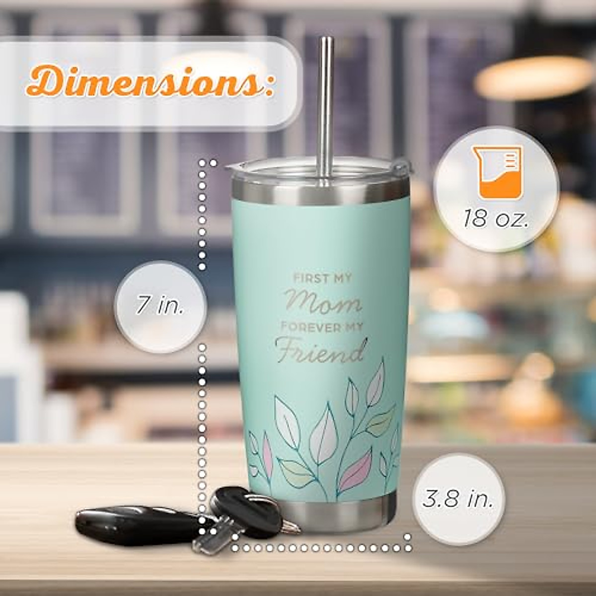 Christian Art Gifts Reusable Stainless Steel Tumbler Travel Mug w/Straw for Mothers: First My Mom Forever My Friend w/Scripture, Vacuum Insulated, Pop-up Lid, Hot/Cold, Cute Mint Green Floral, 18 oz.