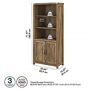 Bush Furniture Kathy Ireland Home Cottage Grove Tall 5 Shelf Bookcase with Doors in Reclaimed Pine