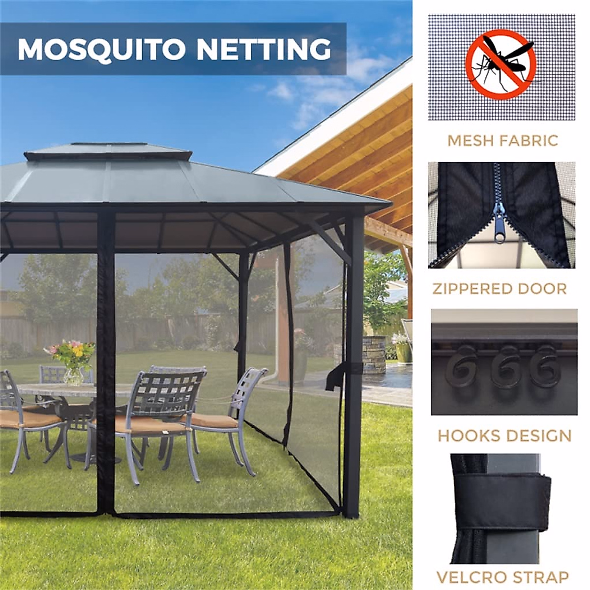 ZZBJ 12 ft. x 10 ft. Aluminum Hardtop Outdoor Patio Gazebo with Insulated Double-Roof Hardtop and Netting