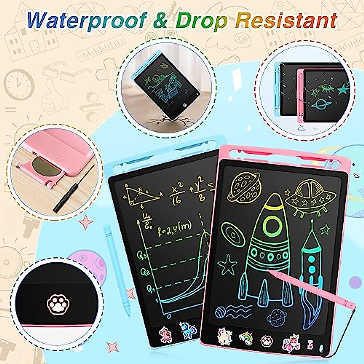 2 Pack LCD Writing Tablet, 8.5 Inch Writing Tablet for Kids, Colorful Screen Doodle Board, Erasable and Reusable Digital Drawing Tablet, Learning Educational Toys for Girls Boys, Blue+Pink