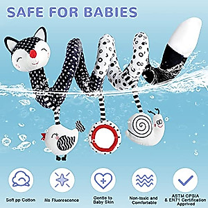Euyecety Baby Spiral Plush Toys, Black White Stroller Toy Stretch & Spiral Activity Toy Car Seat Toys, Hanging Rattle Toys for Crib Mobile, Newborn Sensory Toy Best Gift for 0 3 6 9 12 Months Baby-Fox