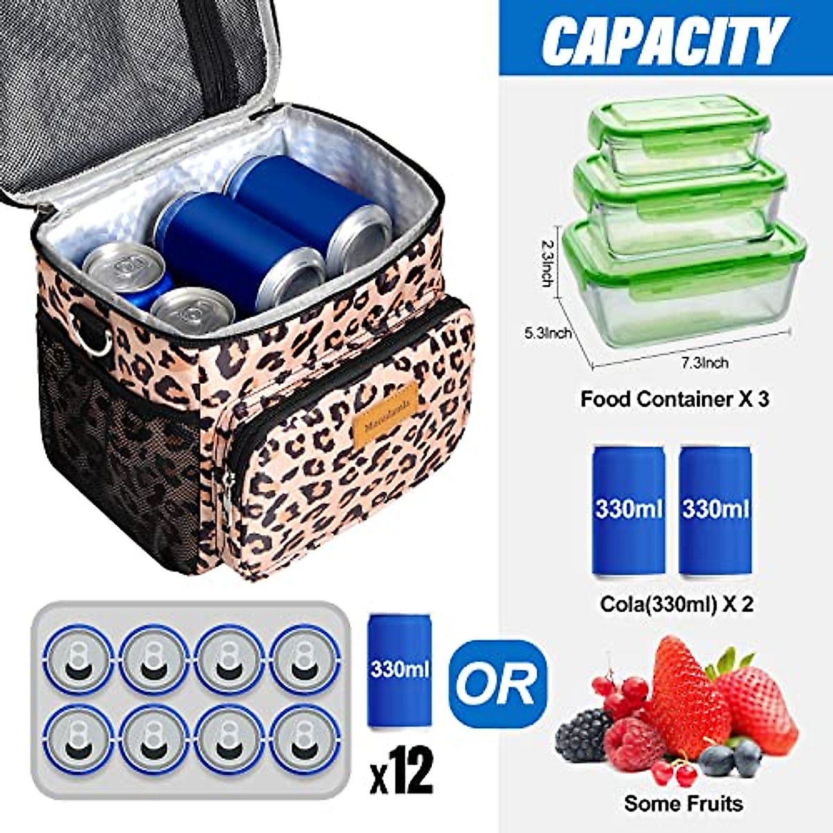 Insulated Lunch bag for Women/Men, Reusable Lunch box Cooler Bag for Adult,Collapsible Lunchbox Bag Leakproof Small Lunch Bag with Shoulder Strap for Work Office Picnic Beach Leopard S