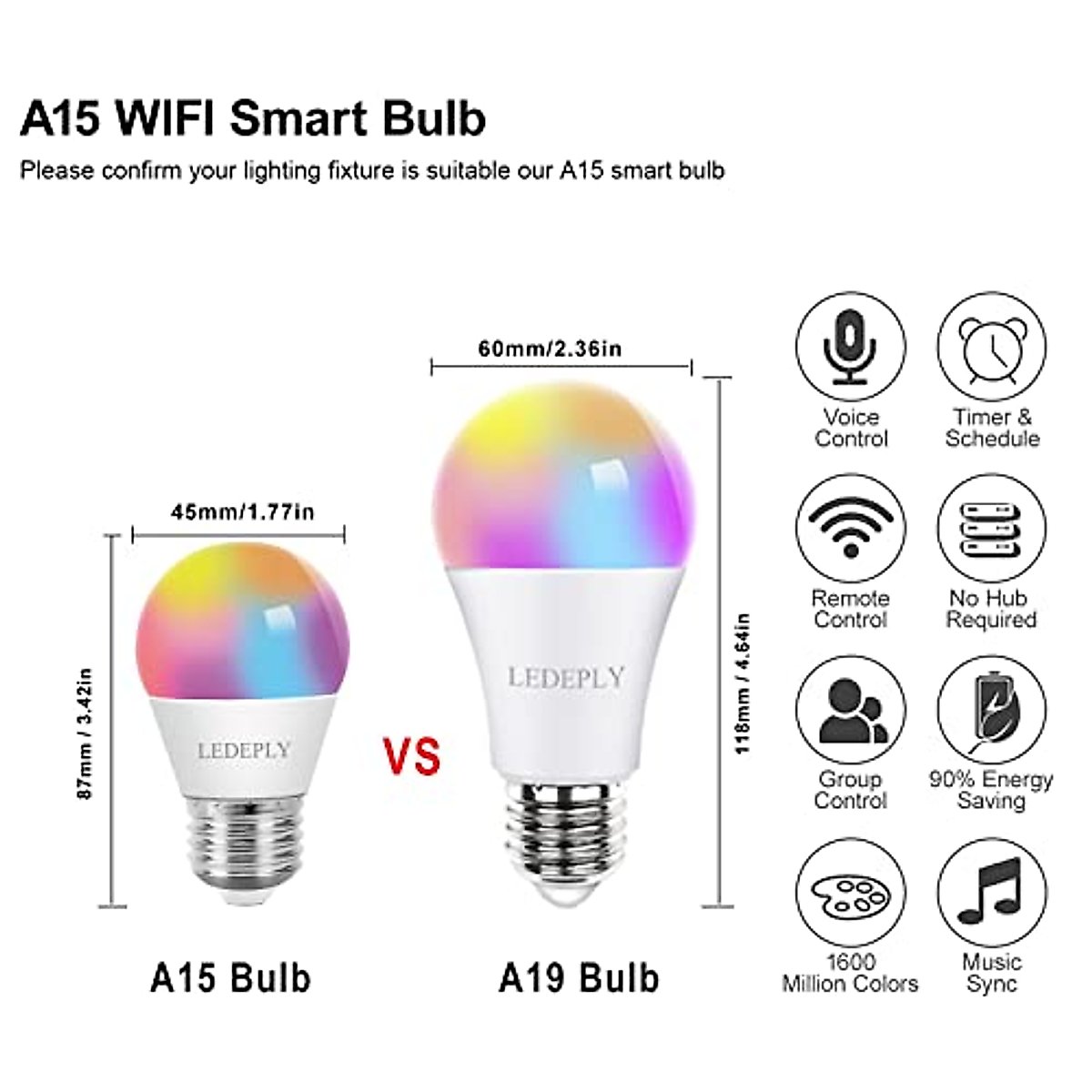 LEDEPLY 5W=40W, A15 Smart Bulb, Compatible with Alexa, Google Home, E26, Color Changing, Dimmable LED WiFi Light Bulbs, No Hub Required, 1 Pack