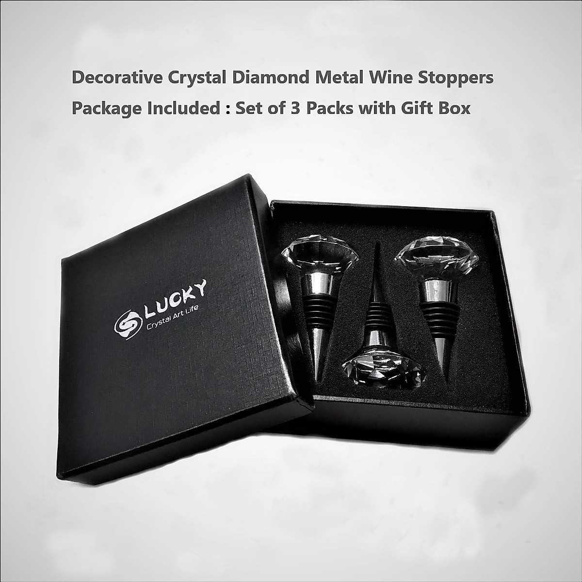 Wine Stoppers, Decorative Crystal Diamond Wine Bottle Stoppers with Gift Box Beverage Reusable Wine Corks Plug Keep Fresh Set of 3 Diamonds