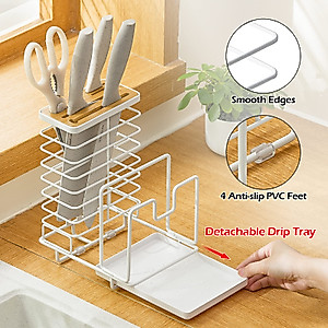 Poeland Cutting Boards Knife Organizer, 3 in 1 Kitchen Organizer Rack, Kitchen Utensils Rack Chopping Boards/Knives/Pot Pan Lid Storage with Drip Tray, White
