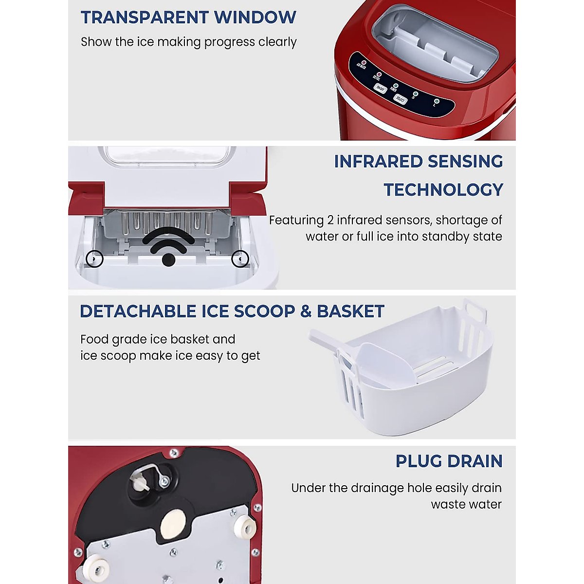 SIMOE Electric Ice Maker Machine for Countertop, 26-1/2 LBS/24 H Ice Making Machine with 9 Ice Cubes Ready in 6 Min, Portable Ice Cube Machine with Scope & Basket (Red)