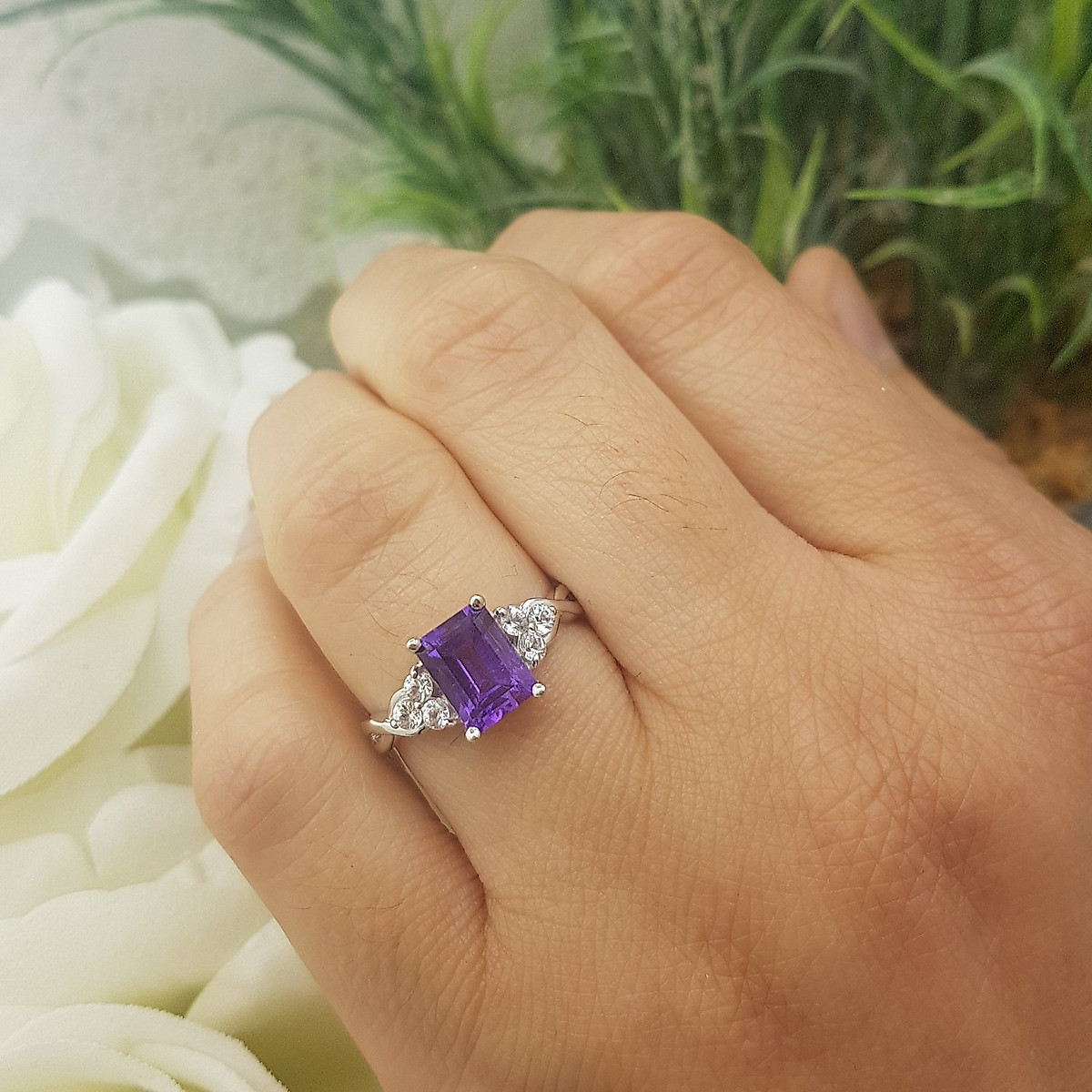 Dazzlingrock Collection 8X6 MM Emerald Cut Amethyst & Round White Sapphire Halo Engagement Ring for Her in 18K White Gold, Size 4.5