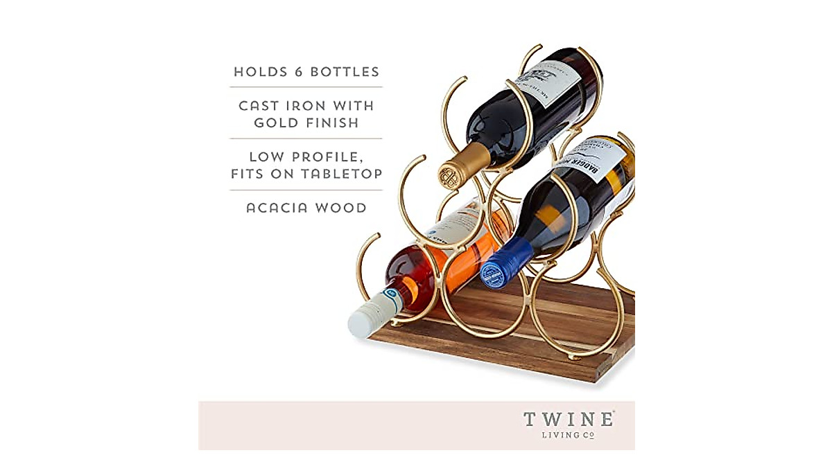 Twine Pyramid Wine Rack Holds 6 Bottles in Gold & Wood