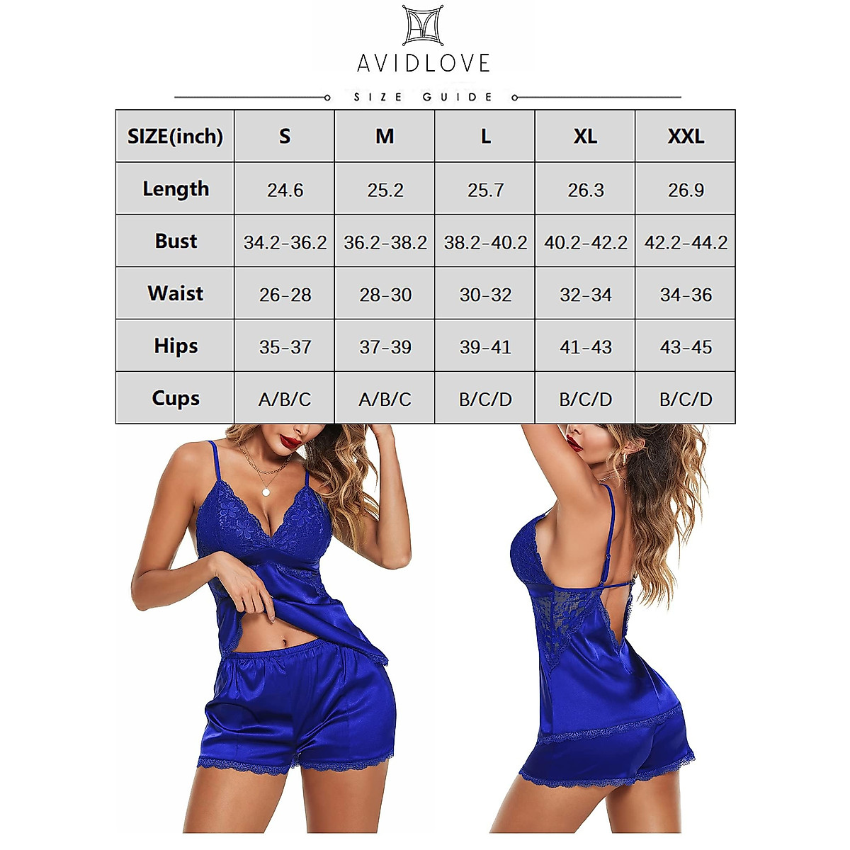 Avidlove Women Sleepwear Satin Pajamas Set Lace Camisole Shorts Nightwear (X-Large, Royal Blue)