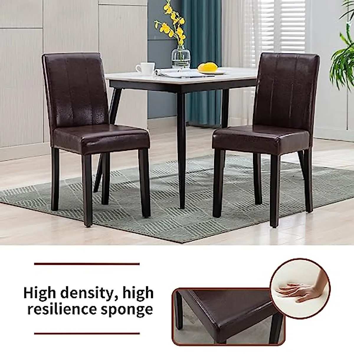 CRECQ Upholstered Dining Chairs Set of 2 PU Leather Living Room & Dining Room Chairs,Modern Kitchen Armless Side Parsons Chair with Solid Wood Legs,Brown