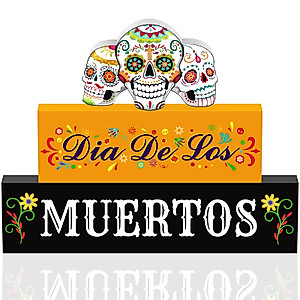 3 Pieces Day of The Dead Decorations Dia De Los Muertos Wooden Blocks Sugar Skull Wooden Sign Day of The Dead Table Centerpiece Decor for Mexican Day of The Dead Decor and Halloween Home Decorations