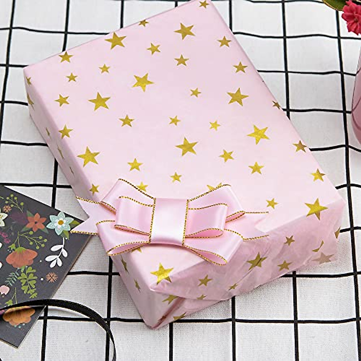 MR FIVE 60 Sheets Pink and Gold Tissue Paper Bulk,20" x 14",Pink Tissue Paper for Gift Bags,DIY and Crafts,Gold Star Gold Polka Dot Gift Tissue Paper for Baby Shower,Weeding,Birthday,Holiday